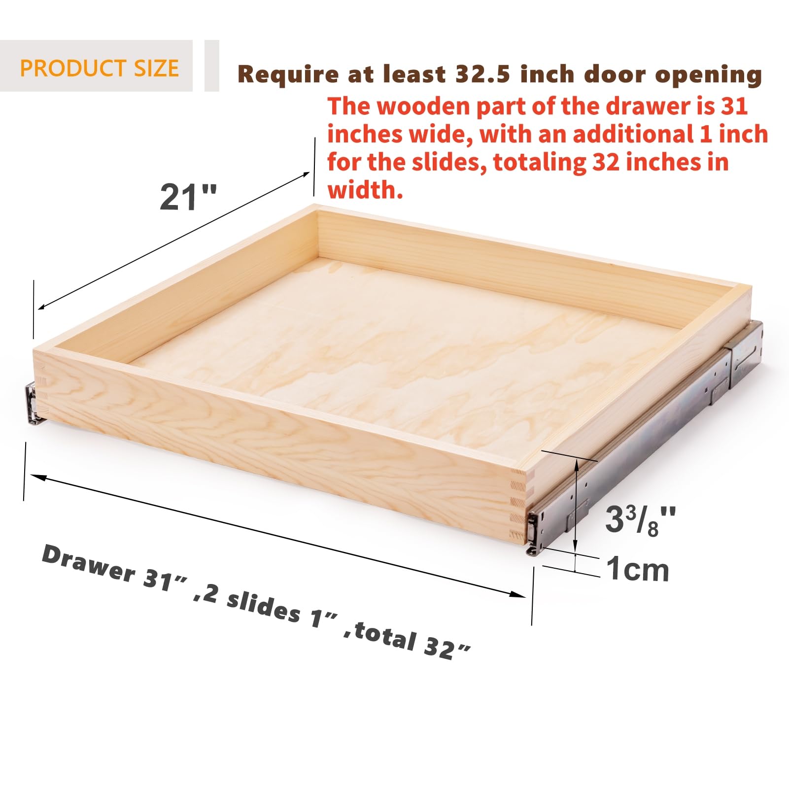 Mulush Pull Out Cabinet Drawer, 32”W x 21”D Soft Close Slide Out Wood Drawer Organizer for Kitchen, Finished, Bottom and Side Assembly (Wood Drawer Part is Width 31'')