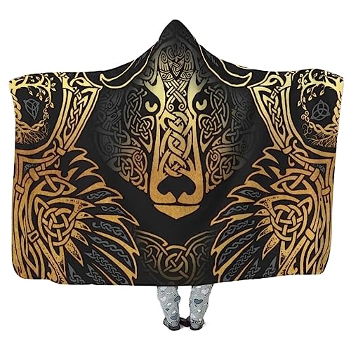 Viking 3D Printing Hooded Blanket Warm And Soft Fenrir Wolf Compass Tree Of Life Unisex Winter Wearable Hooded Blanket Double Thick Plush Wool Blanket Cape ( Color : Blanket , Size : 80x60in/150x200cm