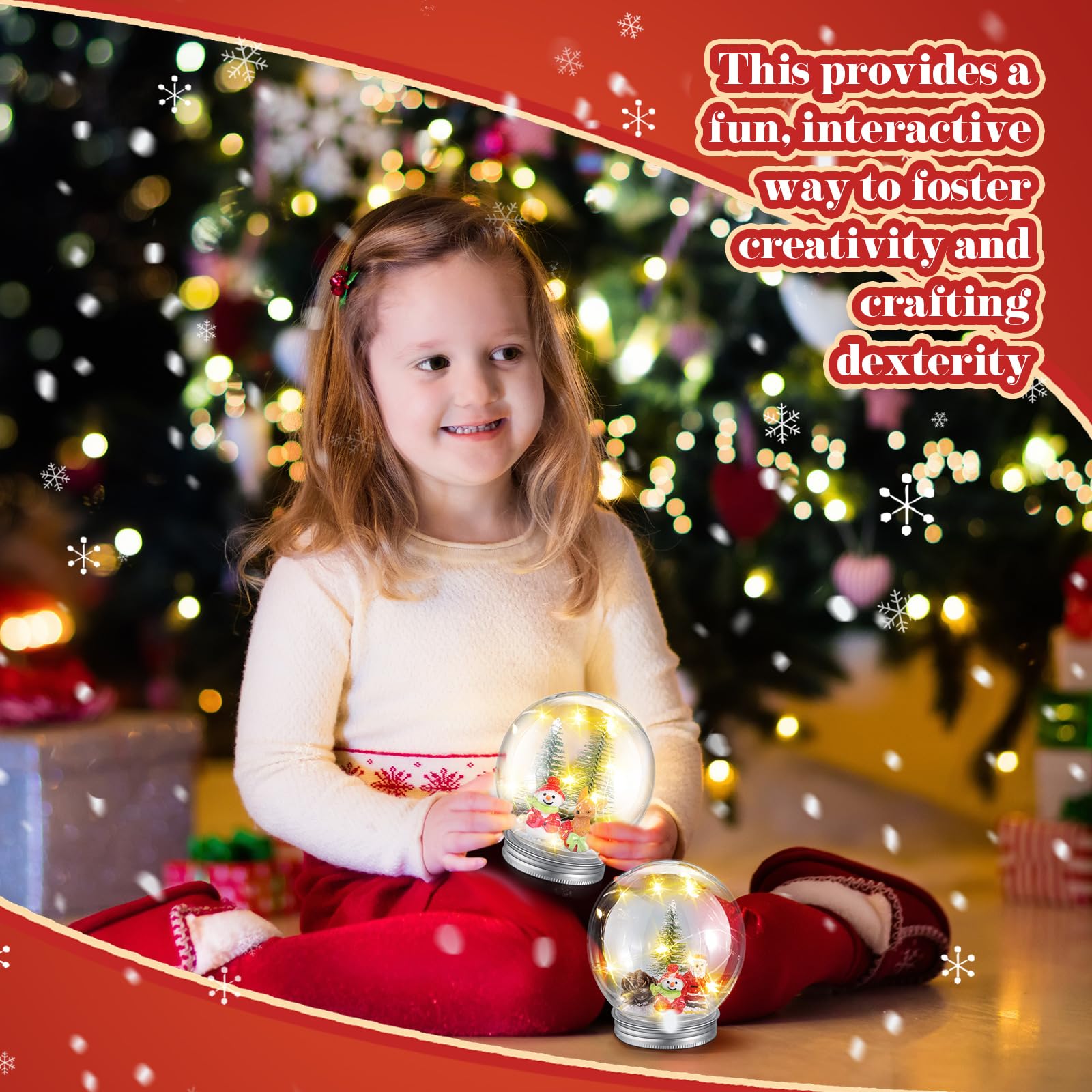 Liliful 24 Sets Lighted DIY Snow Globe Christmas Clear Plastic Snow Globe Kit with Christmas Tree Faux Snow Flake Artificial Pine Cone Santa Claus Snowmen Reindeer Stocking House for Xmas DIY Crafts
