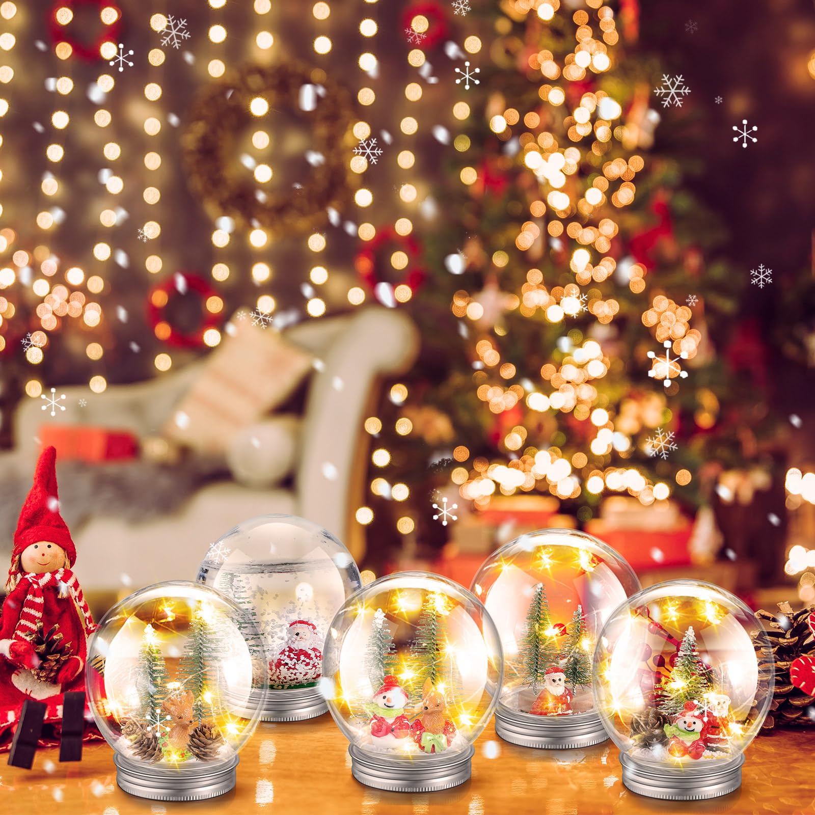 Liliful 24 Sets Lighted DIY Snow Globe Christmas Clear Plastic Snow Globe Kit with Christmas Tree Faux Snow Flake Artificial Pine Cone Santa Claus Snowmen Reindeer Stocking House for Xmas DIY Crafts