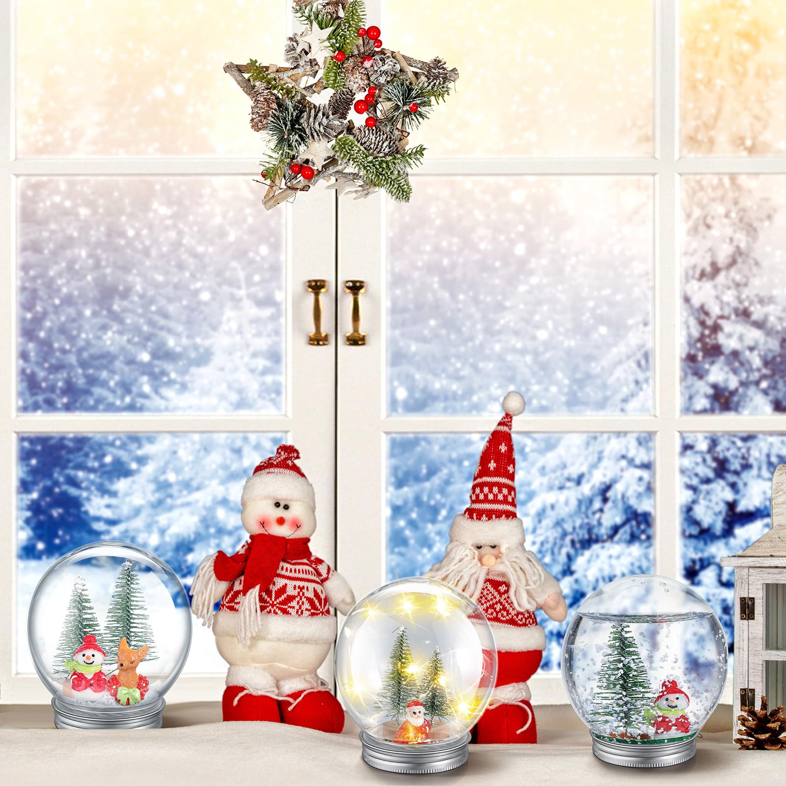 Liliful 24 Sets Lighted DIY Snow Globe Christmas Clear Plastic Snow Globe Kit with Christmas Tree Faux Snow Flake Artificial Pine Cone Santa Claus Snowmen Reindeer Stocking House for Xmas DIY Crafts