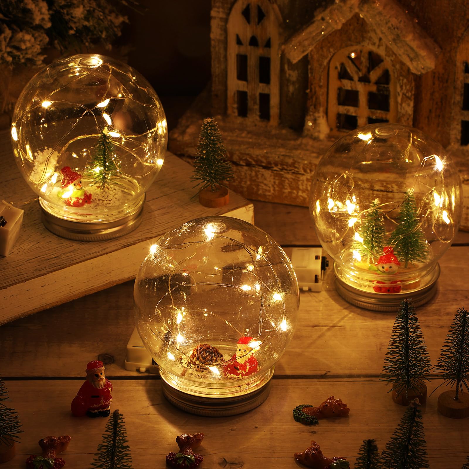 Liliful 24 Sets Lighted DIY Snow Globe Christmas Clear Plastic Snow Globe Kit with Christmas Tree Faux Snow Flake Artificial Pine Cone Santa Claus Snowmen Reindeer Stocking House for Xmas DIY Crafts