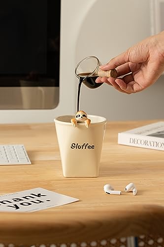 DIHOclub Ceramic Cup Funny 3D Sloth Mug Coffee Mug for Women and Men Gift for Best Friends and Coworkers (Cream-Sloth)