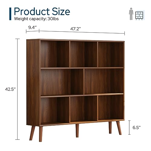 VICLLAX 3-Tier Open Book Shelf with Legs, Storage Walnut Book Shelves, 8 Cube Floor Standing Display Shelf for Home Office, Bedroom, Reading Room