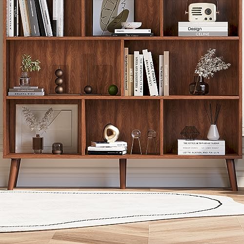 VICLLAX 3-Tier Open Book Shelf with Legs, Storage Walnut Book Shelves, 8 Cube Floor Standing Display Shelf for Home Office, Bedroom, Reading Room