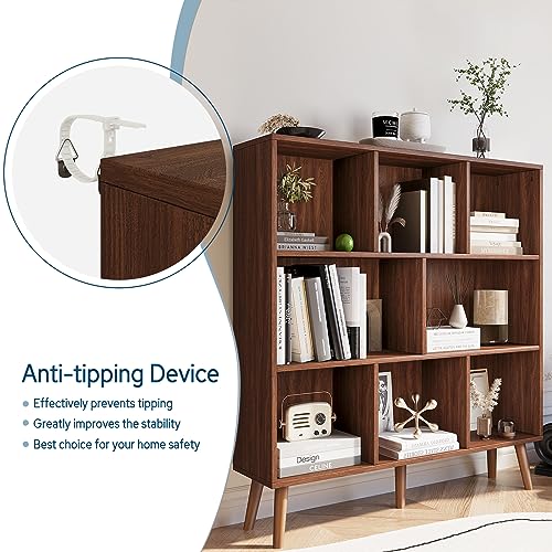 VICLLAX 3-Tier Open Book Shelf with Legs, Storage Walnut Book Shelves, 8 Cube Floor Standing Display Shelf for Home Office, Bedroom, Reading Room