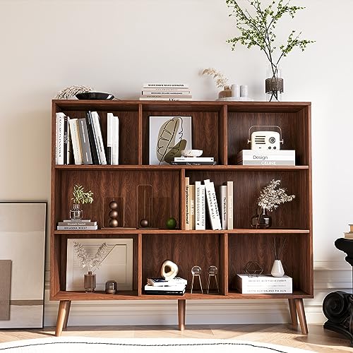 VICLLAX 3-Tier Open Book Shelf with Legs, Storage Walnut Book Shelves, 8 Cube Floor Standing Display Shelf for Home Office, Bedroom, Reading Room