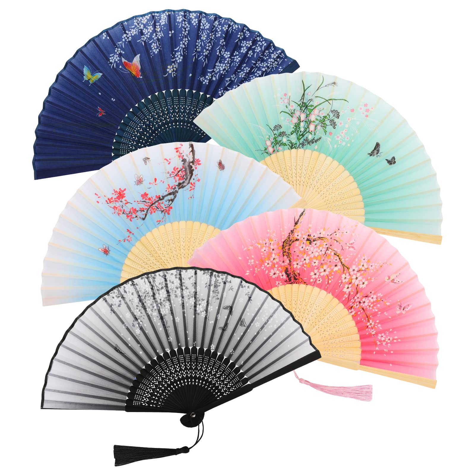 AOIPAMKEL Folding Fan Hand Held Fan, 5 pcs Japanese Fan Foldable Hand Fan, Silk Paper Fans with Tassel, Hollowed Fringe Foldable Fan, Handheld Fan foldable for Wedding, Party, Gifts, Wall Decoration