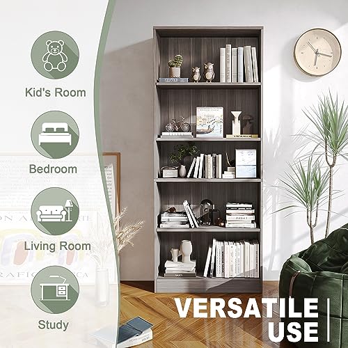 VICLLAX 5-Shelf Wood Bookcase, Wide Adjustable Open Bookshelf, Tall Display Storage Shelf for Living Room, Bedroom, Kids Room, Office, Grey