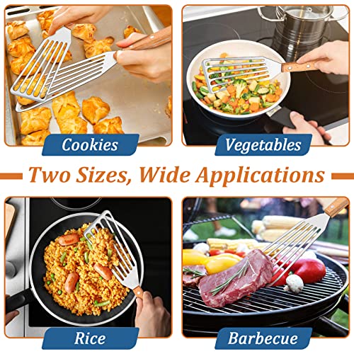 Joyfair Fish Spatulas Set, 2Pcs Metal Slotted Turner with Wooden Handle for Grilling Frying, Stainless Steel BBQ Flipper Spatula for Griddle Flattop, Thin Edge for Easy Turning & Flipping Pancake Meat