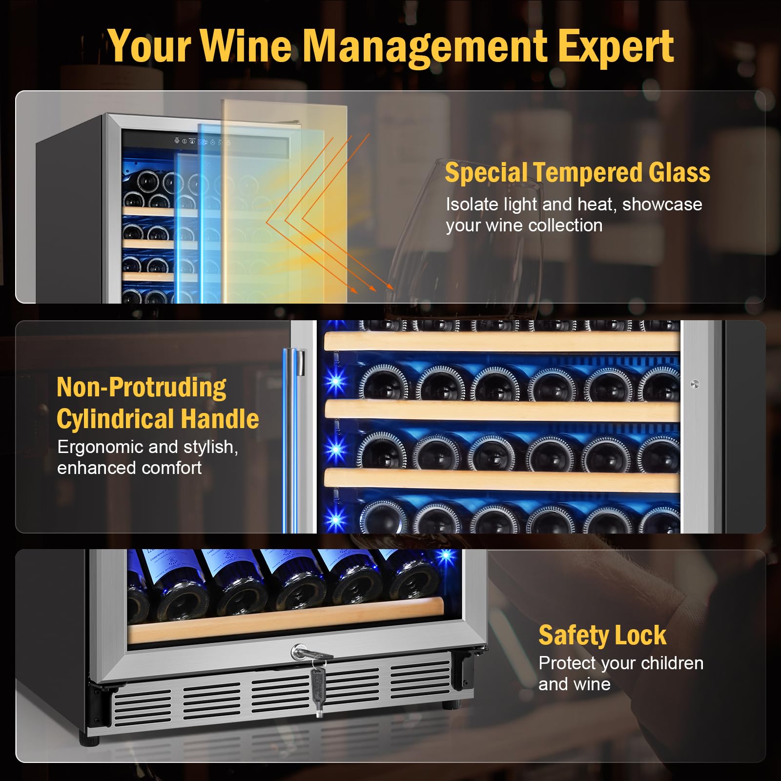 FoMup Wine Cooler Refrigerator, 24 Inch, 189 Bottle Capacity, Freestanding/Built-in Wine Chiller with Sliding Shelves, Professional Wine Cellar, Low Noise, Reversible Door