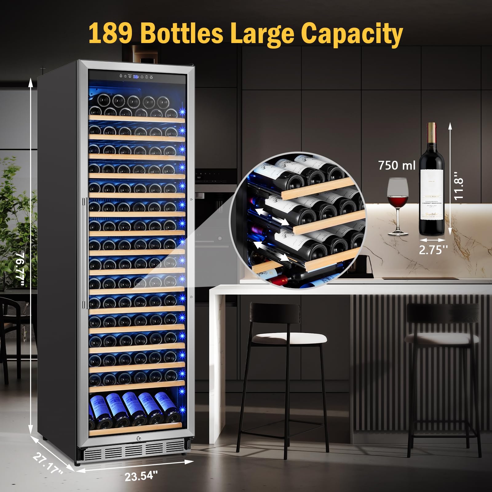 FoMup Wine Cooler Refrigerator, 24 Inch, 189 Bottle Capacity, Freestanding/Built-in Wine Chiller with Sliding Shelves, Professional Wine Cellar, Low Noise, Reversible Door