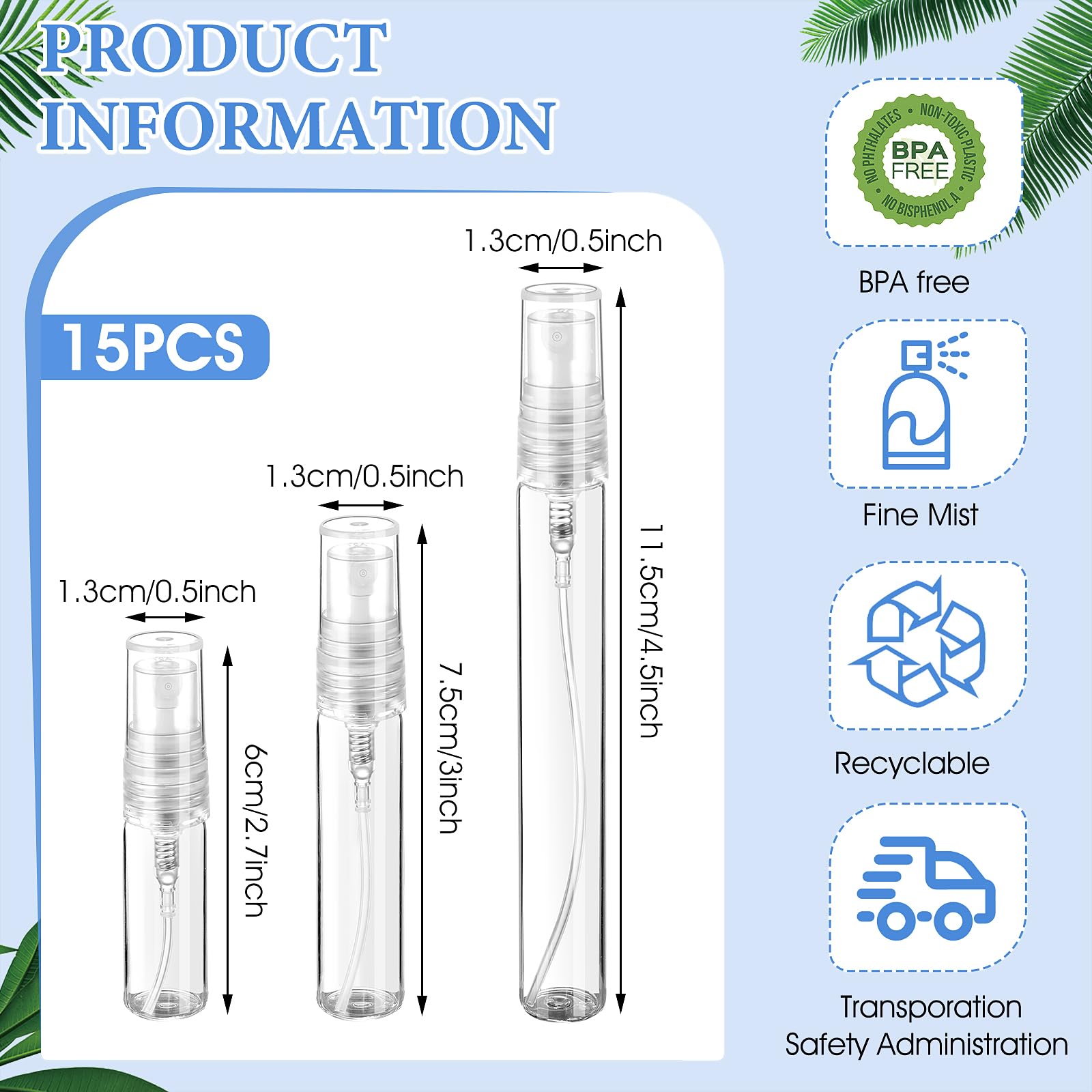 15 Pack Mini Spray Bottle, 3ml/5ml/10ml Fine Mist Plastic Spray Bottles, Refillable Atomizer Bottle for Perfume Small Empty Sample Containers Portable Travel Size Bottle