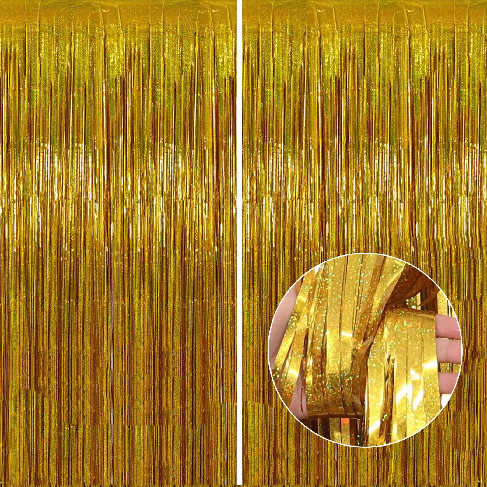 Foil Fringe Curtain Backdrop Glitter Fringe Rain Curtain for Party/Birthday/Graduation Decorations and New Year Eve Set of 2. 3.2ft x 9.8 ft(Gold)