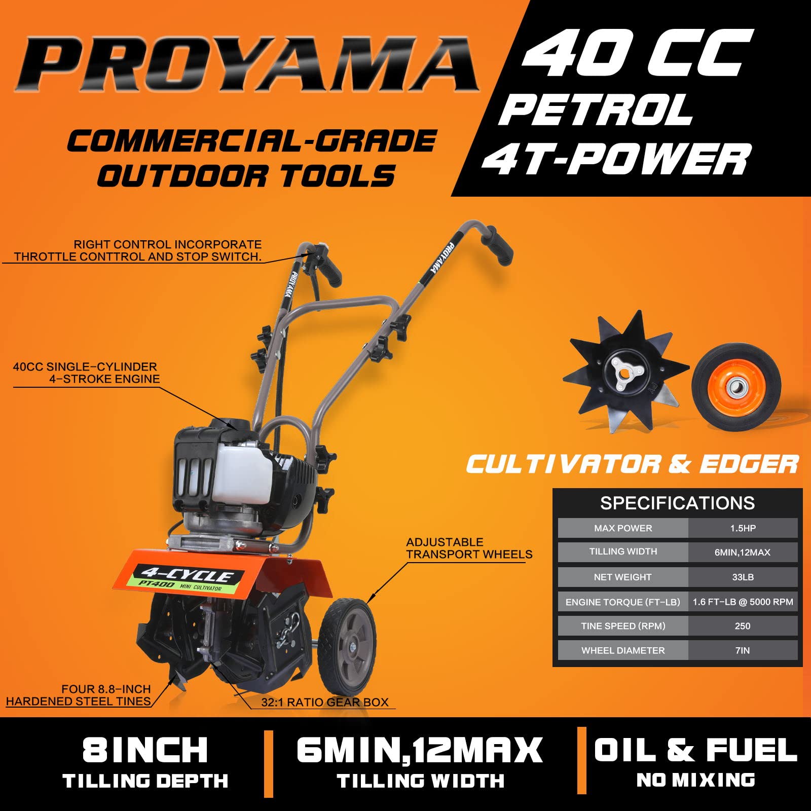 PROYAMA Garden Tiller Gas Powered, 40cc 4-Cycle Gas Tiller and Cultivators, 2 in 1 Cultivator with Edger, Adjustable Width and Depth