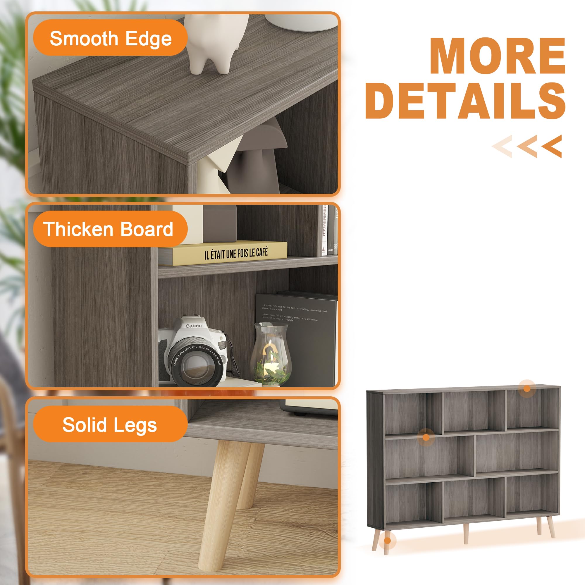 VICLLAX Wood 3 Tier Storage Shelf, 8 Cubes Free Standing Bookshelf with Legs, Display Bookcase for Living Room, Bedroom, Kids Room, Office, Grey