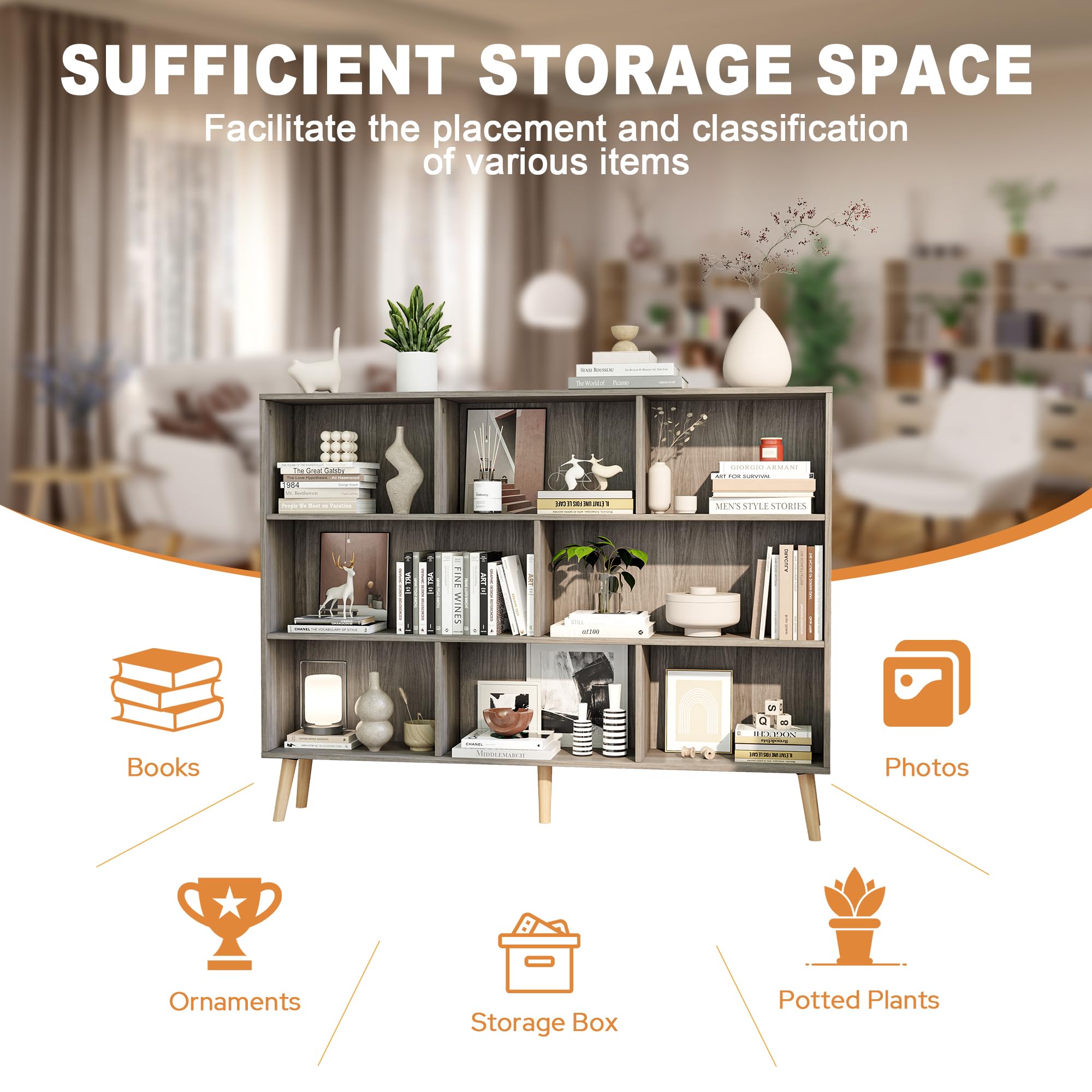 VICLLAX Wood 3 Tier Storage Shelf, 8 Cubes Free Standing Bookshelf with Legs, Display Bookcase for Living Room, Bedroom, Kids Room, Office, Grey