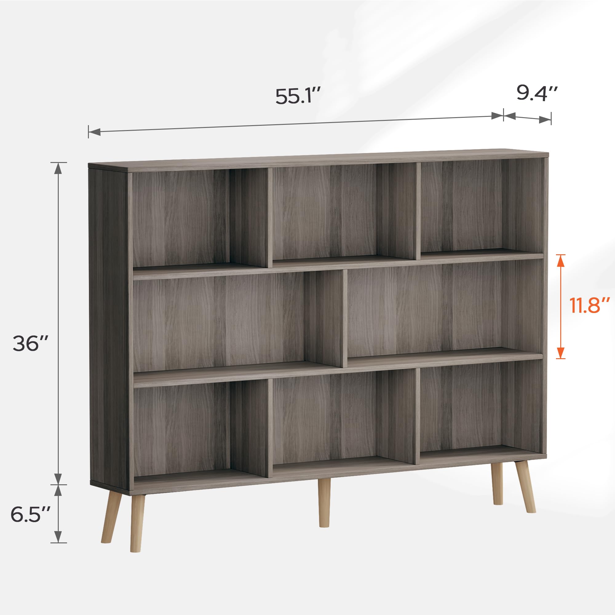 VICLLAX Wood 3 Tier Storage Shelf, 8 Cubes Free Standing Bookshelf with Legs, Display Bookcase for Living Room, Bedroom, Kids Room, Office, Grey