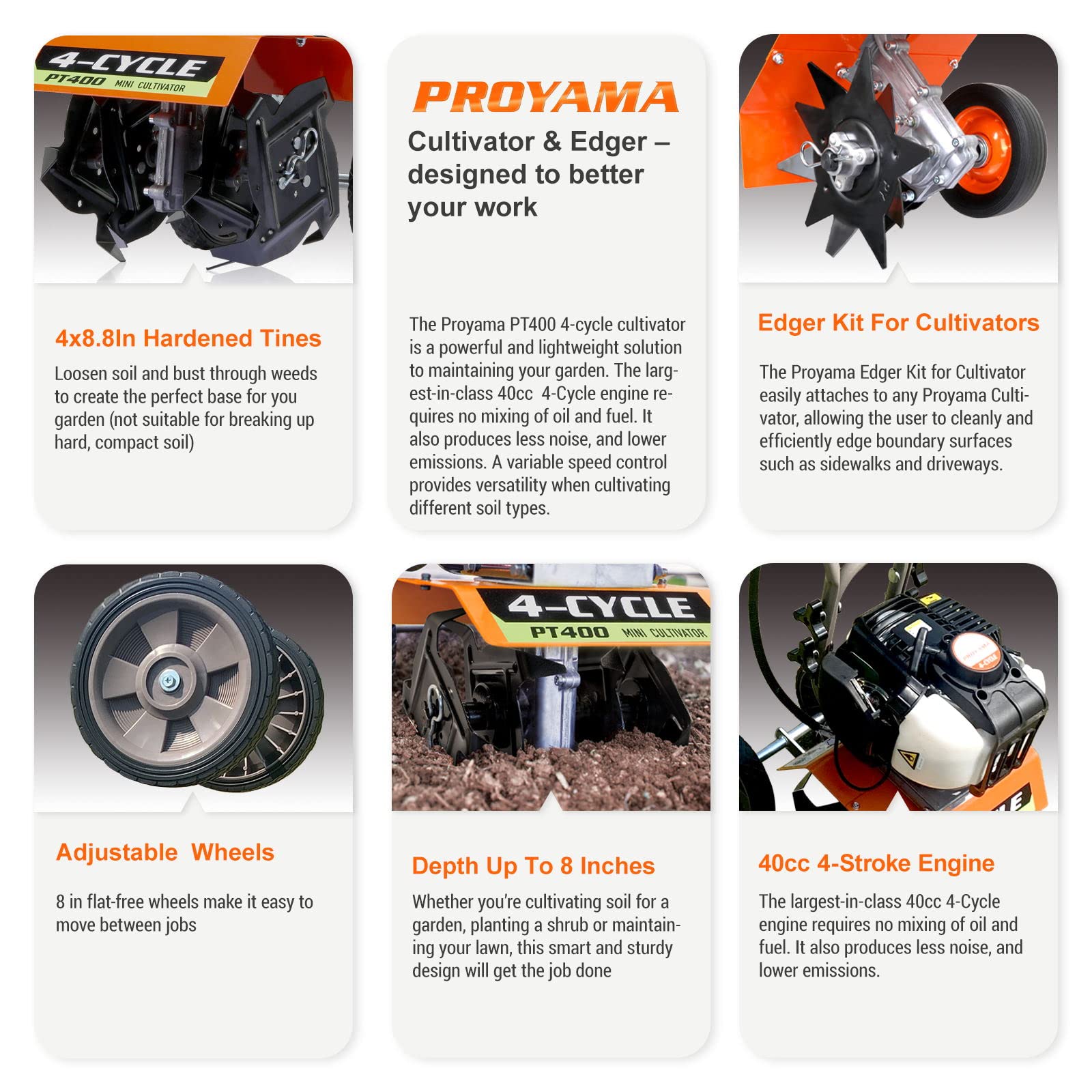 PROYAMA Garden Tiller Gas Powered, 40cc 4-Cycle Gas Tiller and Cultivators, 2 in 1 Cultivator with Edger, Adjustable Width and Depth