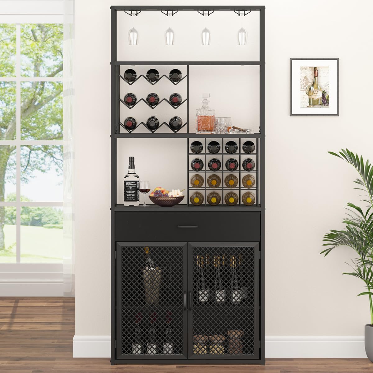 HSH Tall Bar Cabinet, Black Liquor Cabinet with Drawer, Large Modern Wine Cabinet with Storage Shelf and Wine Rack, Industrial Wood Coffee Bar Cabinet for Home Kitchen Living Room, Black Oak, 77 in