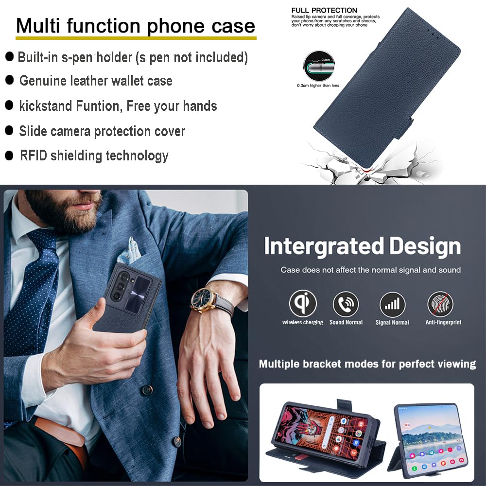 Woluki for Samsung Galaxy Z Fold 5 Case with S Pen Holder, Genuine Leather Wallet Case Built-in Slide Camera Cover, Hinge Protection, Kickstand, Stylus Slot Phone Case for Galaxy Z Fold5 5g (Blue)
