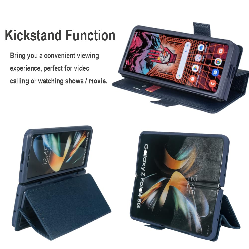 Woluki for Samsung Galaxy Z Fold 5 Case with S Pen Holder, Genuine Leather Wallet Case Built-in Slide Camera Cover, Hinge Protection, Kickstand, Stylus Slot Phone Case for Galaxy Z Fold5 5g (Blue)