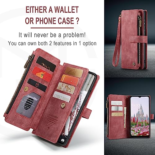 SLLMYYX Wallet Case Compatible with Samsung Galaxy S9 Plus, Luxury PU Leather Handbag Zipper Pocket Case 10 Card Slots and Wrist Strap (Red)