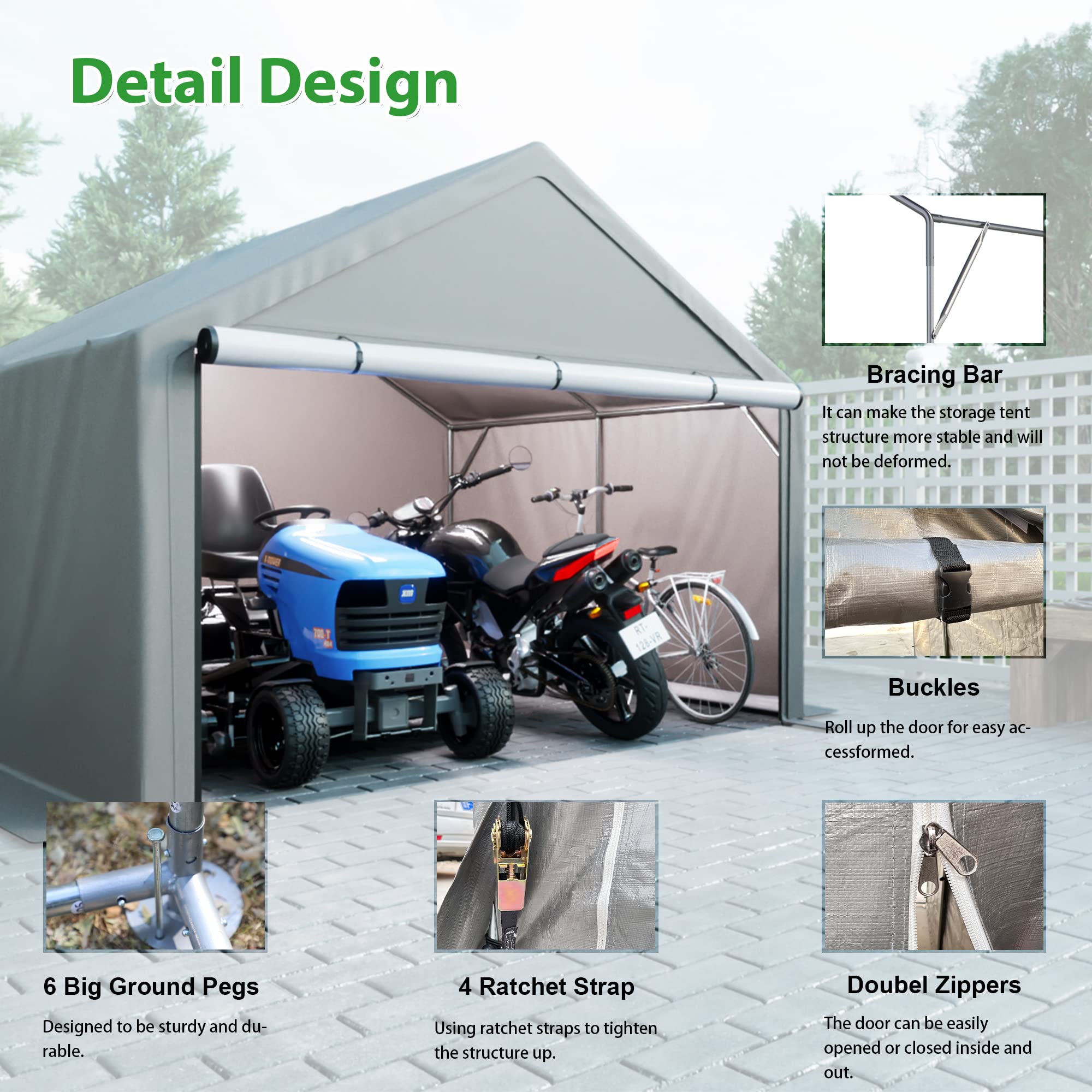 10x10 ft Portable Outdoor Storage Shelter Shed, Heavy Duty Storage Garage Shed with Roll-up Doors Shelter for Garden Tool, Lawn Mower, Motorcycleand, Bike - Gray