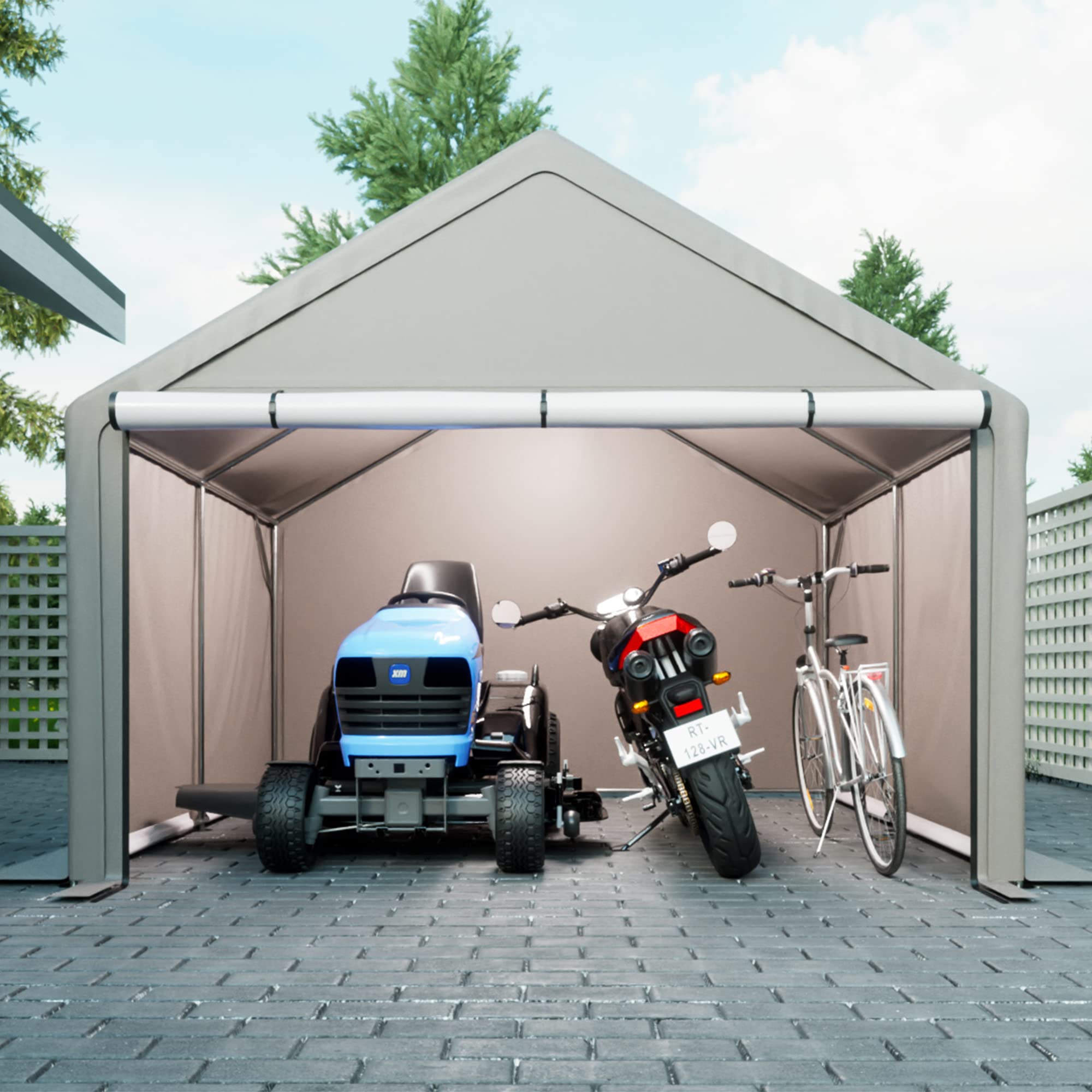 10x10 ft Portable Outdoor Storage Shelter Shed, Heavy Duty Storage Garage Shed with Roll-up Doors Shelter for Garden Tool, Lawn Mower, Motorcycleand, Bike - Gray