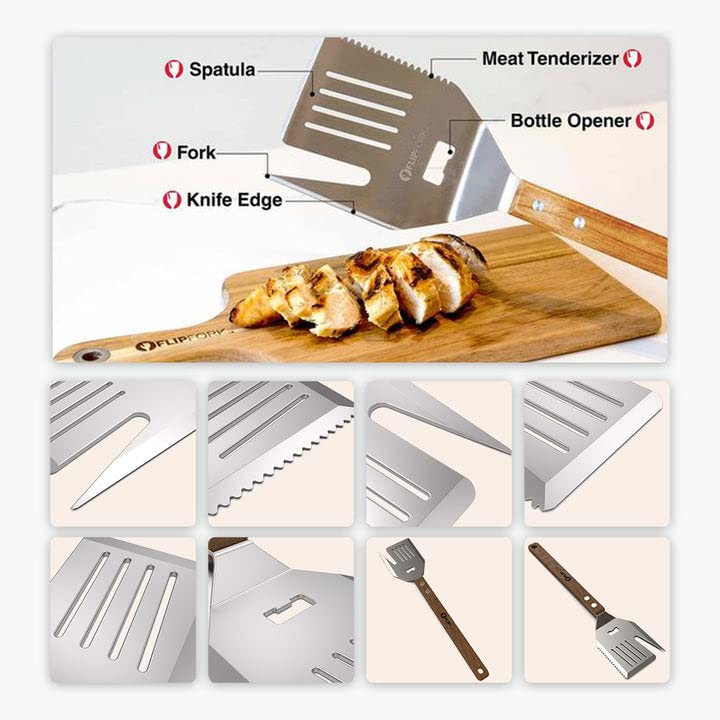 FlipFork Boss - 5 in 1 Grill Spatula with Knife, Fork, Bottle Opener and Turner BBQ Tools. All in One Grill Accessories Set for Outdoor Grills. 18 inch Grilling Accessories BBQ Set