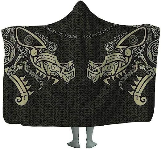 Viking 3D Printing Hooded Blanket Warm Soft Viking Dragon Fenrir Wolf Totem Unisex Winter Wearable Hooded Blanket Double Thick Plush Wool Blanket Cape ( Color : Blanket , Size : 50x60in/130x150cm )