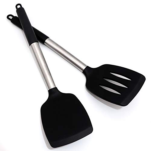 Silicone Spatula Heat Resistant Silicone Handle 2-Piece Set Black Slotted Turner Flexible Silicone Spatula Nonstick Turner Set for Fried Egg, Barbecue, Hamburg