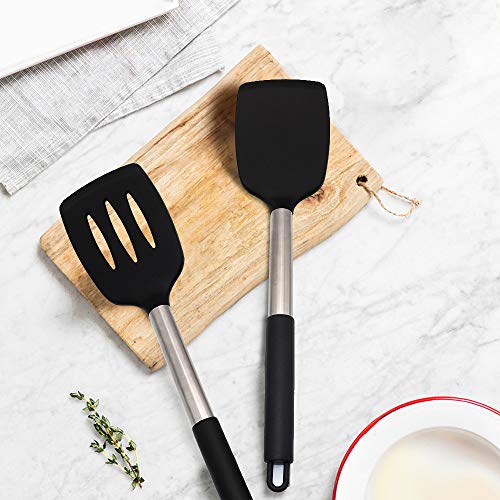 Silicone Spatula Heat Resistant Silicone Handle 2-Piece Set Black Slotted Turner Flexible Silicone Spatula Nonstick Turner Set for Fried Egg, Barbecue, Hamburg