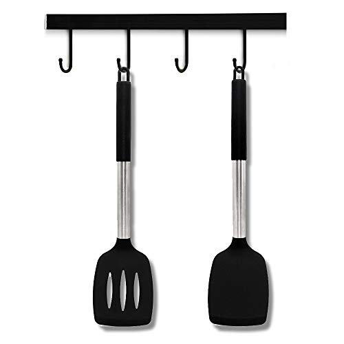 Silicone Spatula Heat Resistant Silicone Handle 2-Piece Set Black Slotted Turner Flexible Silicone Spatula Nonstick Turner Set for Fried Egg, Barbecue, Hamburg