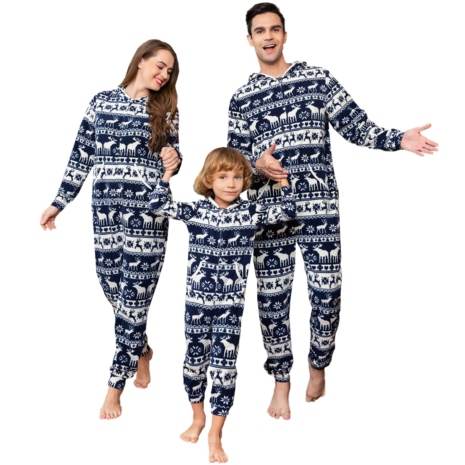 PATPAT Matching Christmas Pajamas for Family Vacation Cute Print One-Piece Navy Pajamas Hooded Sleepwear Reindeer snowflake Nightwear With hat Women L