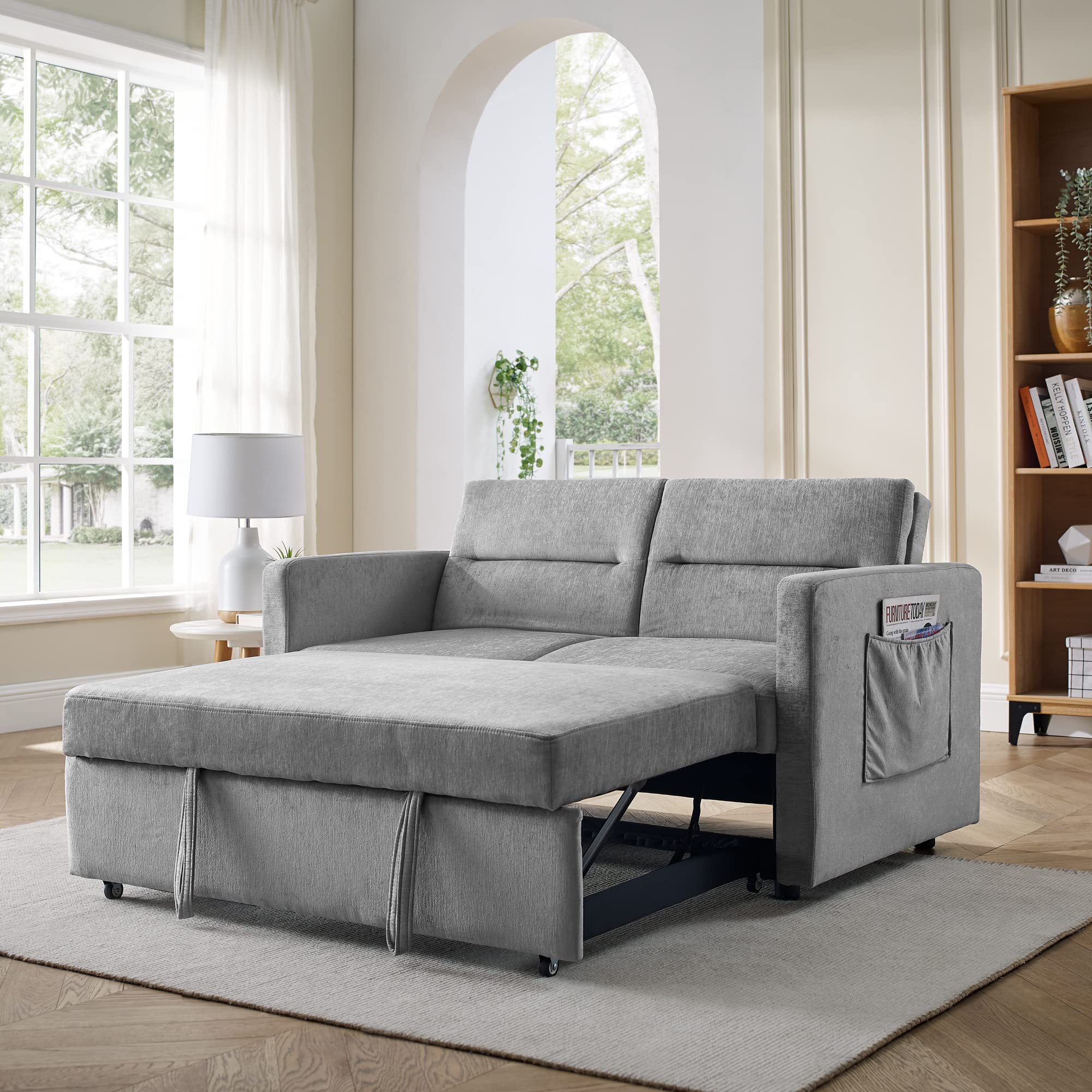 3 in 1 Convertible Loveseat Sofa with Pull-Out Sleeper Bed&Adjsutable Backrest,Multi-Functional Folding Recliner Accent Futon Sofá Chair,Upholstered Lounge Chaise Couch Armchair for Living Room