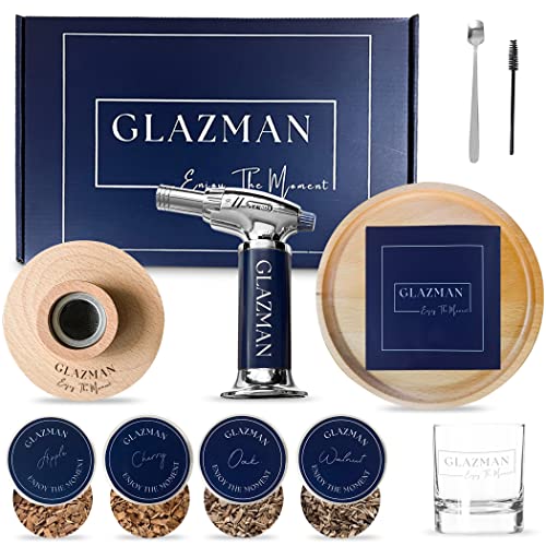 GLAZMAN Cocktail Smoker Kit with Torch and 4 Flavors of Wood Chips- Luxury Whiskey Gifts for Men- Whiskey Smoker Infuser Kit Includes Wooden Plate & Engraved