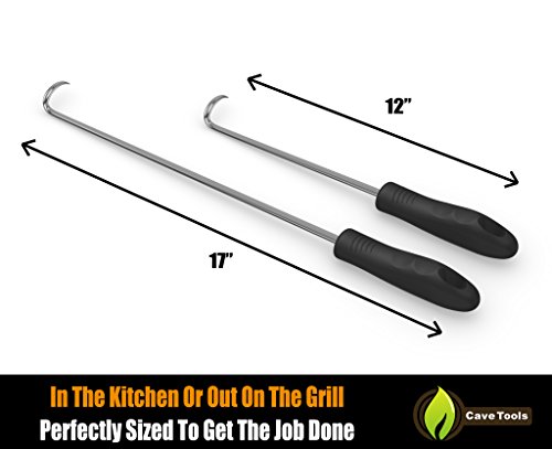 Cave Tools Food Flipper and Meat Hook for Grilling, Flipping, and Turning Vegetables and Meats BBQ Grill and Smoker Accessories, Right-Handed, Large (17 In) + Small (12 In)