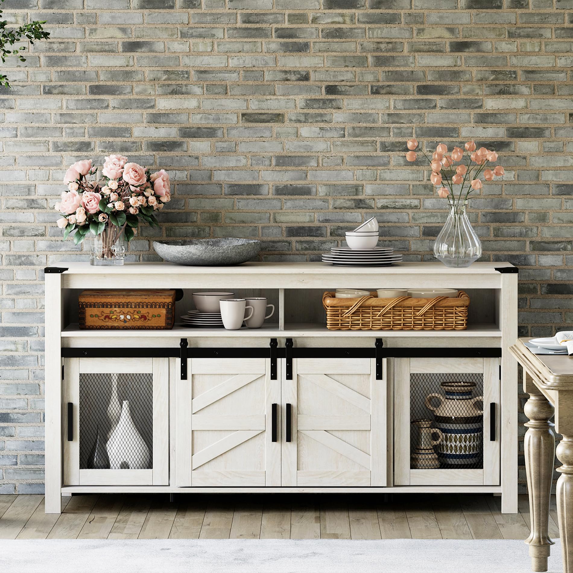 WAMPAT Farmhouse Buffet Cabinet, Rustic Sideboard with Sliding Barn Doors, 59" Coffee Bar Storage Cabinet with Mesh Doors, Antique White Cupboard Table for Kitchen, Dining Room, Living Room