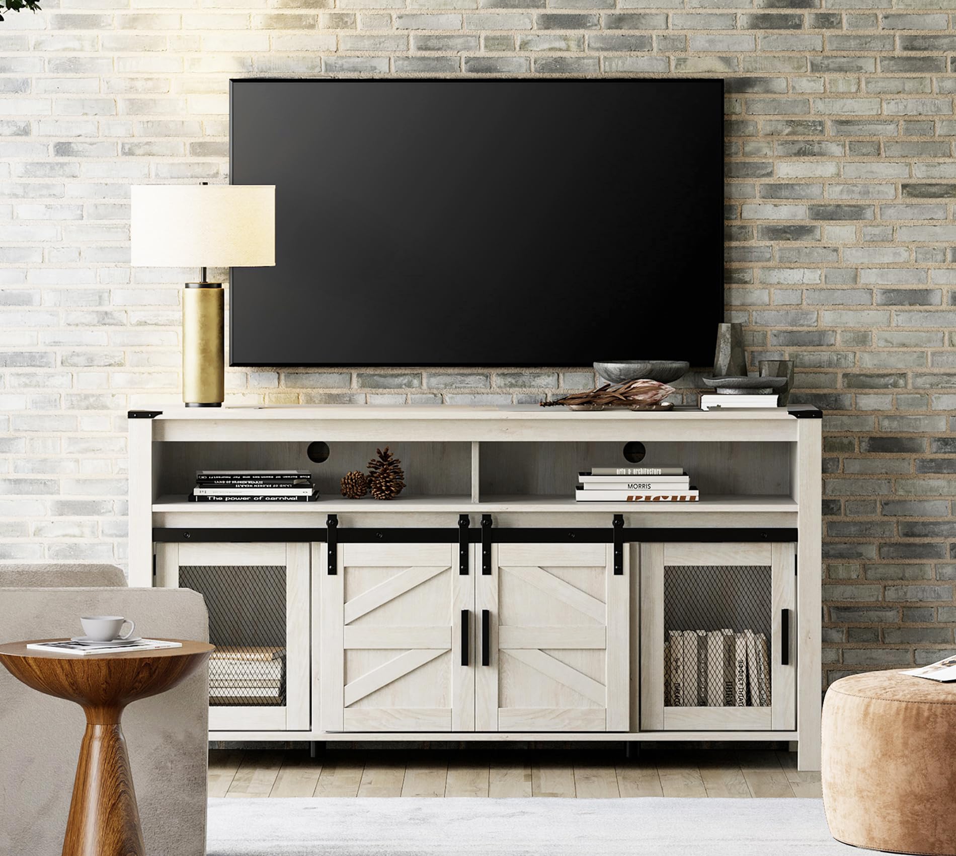 WAMPAT Farmhouse Buffet Cabinet, Rustic Sideboard with Sliding Barn Doors, 59" Coffee Bar Storage Cabinet with Mesh Doors, Antique White Cupboard Table for Kitchen, Dining Room, Living Room