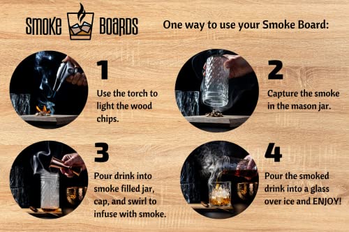 Smoke Board’s Old Fashioned Cocktail Smoker Kit with Torch - Whiskey/Bourbon Drink Infuser with Three Wood Chips, Smoker Kit Includes, Mixing Glass, Smoke Board, and Torch Lighter, USA Based Company