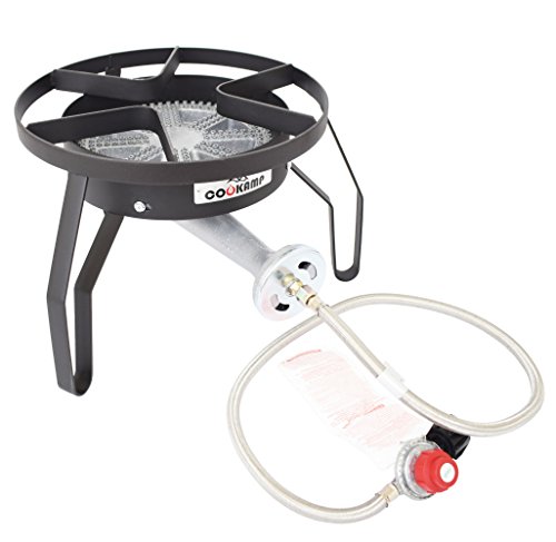 COOKAMP High Pressure Banjo Single Burner Outdoor Propane Burner Gas Stove with 0-20 PSI Adjustable Regulator and Steel Braided Hose SA1150
