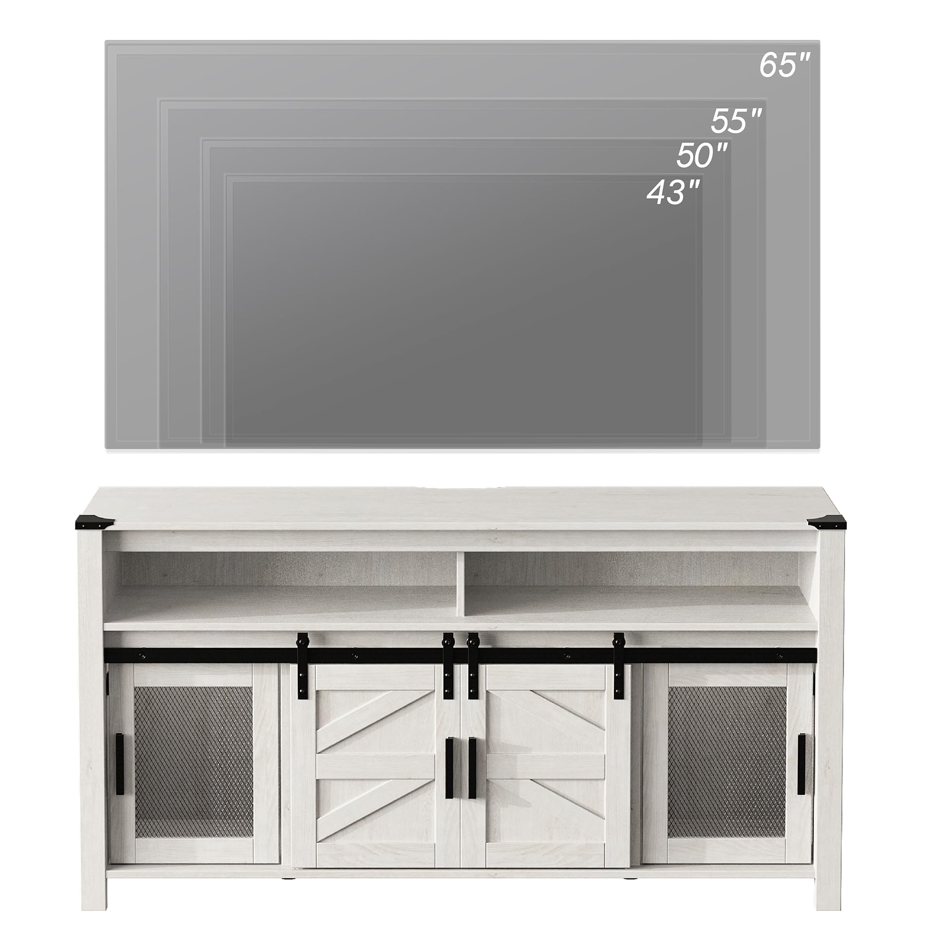 WAMPAT Farmhouse Buffet Cabinet, Rustic Sideboard with Sliding Barn Doors, 59" Coffee Bar Storage Cabinet with Mesh Doors, Antique White Cupboard Table for Kitchen, Dining Room, Living Room