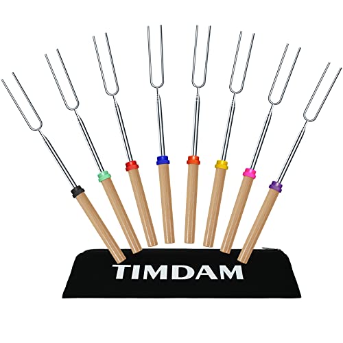 8 PCS Marshmallow Roasting Sticks for Fire Pit, Retractable Grill Forks Smores Sticks Kit for Fire Pit, Marshmellow Roasting Tongs BBQ Tools, TIMDAM Stainless Steel Smores Skewers Campfire Accessories
