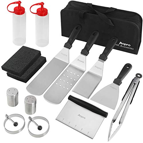 Anpro Griddle Accessories Set for Blackstone and Camp Chef Griddle, 15 PCS Flat Top Grill Accessories Set with Griddle Scraper, Metal Spatula, Egg Rings for Outdoor BBQ, Camping, Gifts for Fathers Day