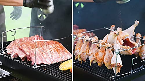 3-in-1 Rib Rack for Smoking & Chicken Leg Rack for Grill - Holds 6 Large Ribs, 12 Chicken Leg Wing, 1 Whole Chicken - Premium Foldable Space-Saving Chicken Drumstick Rib Racks for Grilling & Smoking