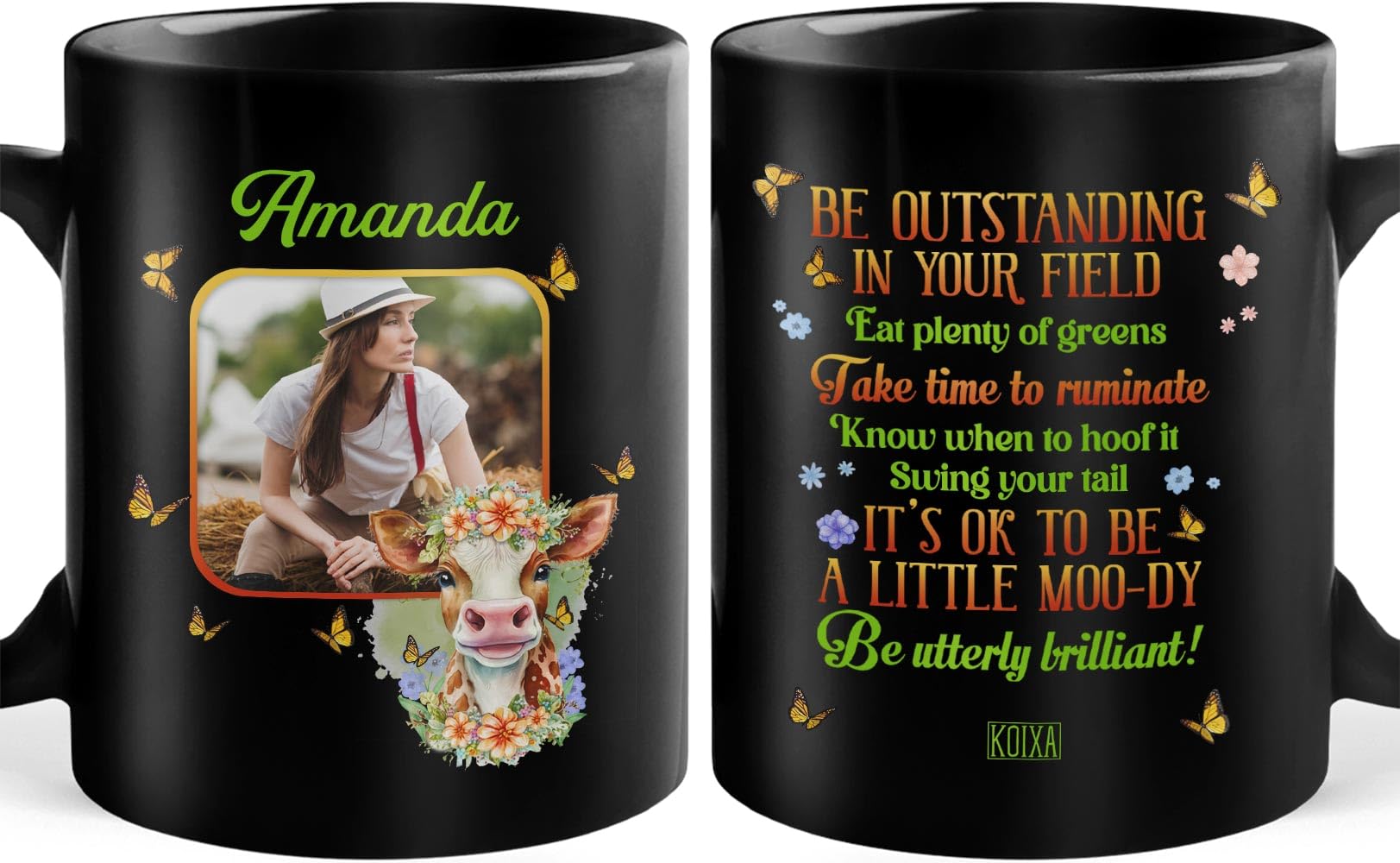 Black Ceramic Coffee Mug Photo Mugs Personalized Picture Butterfly Custom Name Birthday Gifts For Cow Lovers Women Mothers Day Novelty Tea Cup Table Desk Accessories 11 And 15 Oz