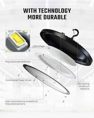 SUPERDANNY High Bay Lights - 150W, 21,000 lm, 140 LM/W, 5000K Daylight UFO High Bay LED Shop Lights, High Bay Led Light 6ft Cable- LED High Bay Light for Warehouse, 4/Pack