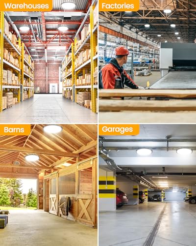 SUPERDANNY High Bay Lights - 150W, 21,000 lm, 140 LM/W, 5000K Daylight UFO High Bay LED Shop Lights, High Bay Led Light 6ft Cable- LED High Bay Light for Warehouse, 4/Pack