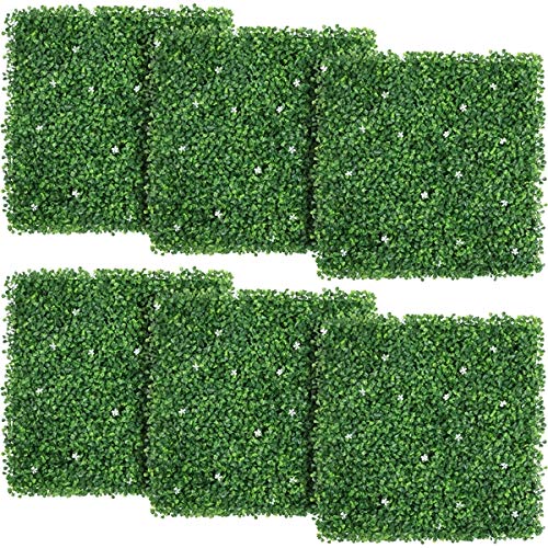 Topeakmart Artificial Boxwood Panels with Little White Flowers, Boxwood Greenery, Privacy Hedge Screen UV Protected for Home Garden Office Patio Wedding Parties Indoor Outdoor Wall Decor 20x20 6PCS